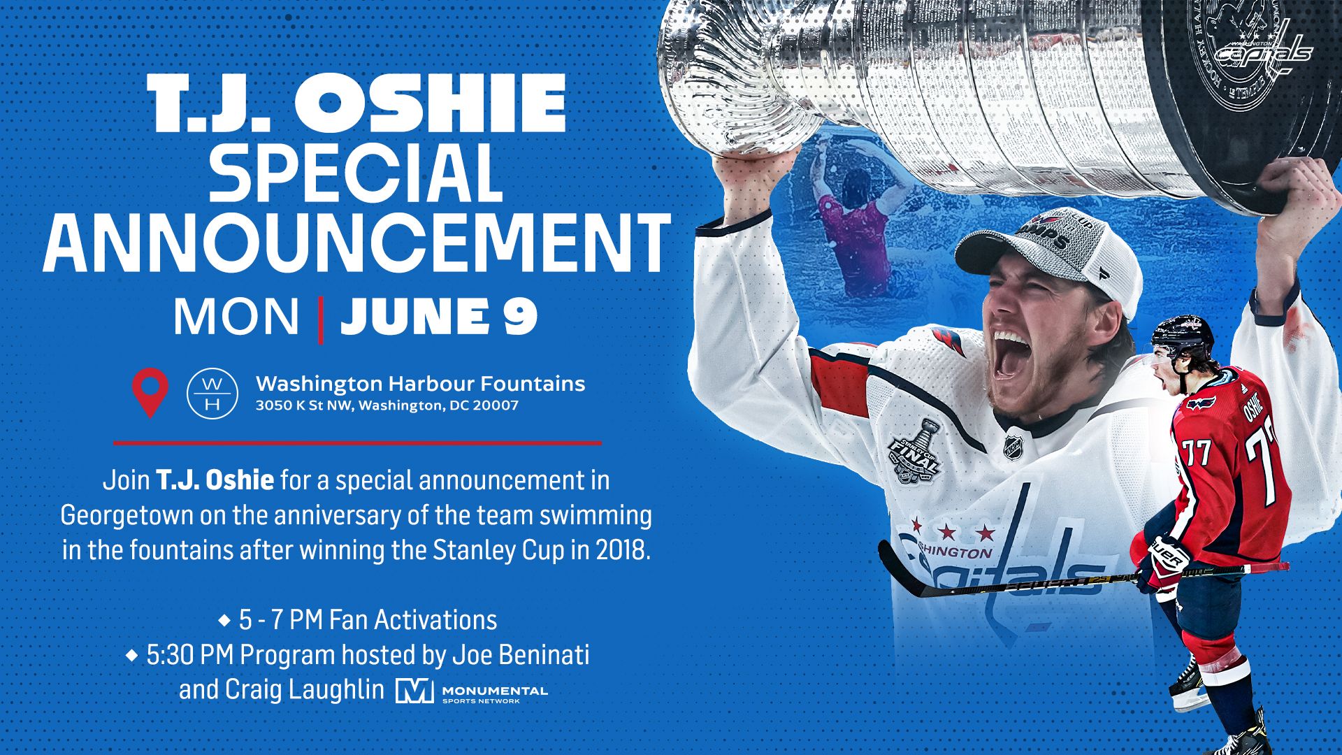 T.J. Oshie to make 'special announcement' on June 9 at the Washington Harbour